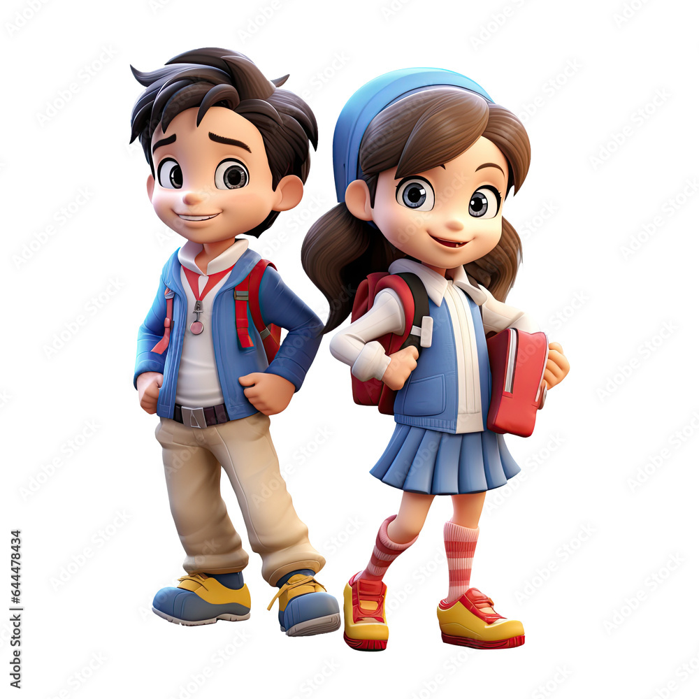3D cartoon happy boy and girl character on transparent background ...