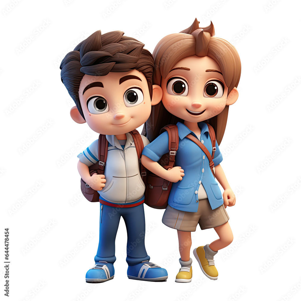 3D cartoon happy boy and girl character on transparent background ...