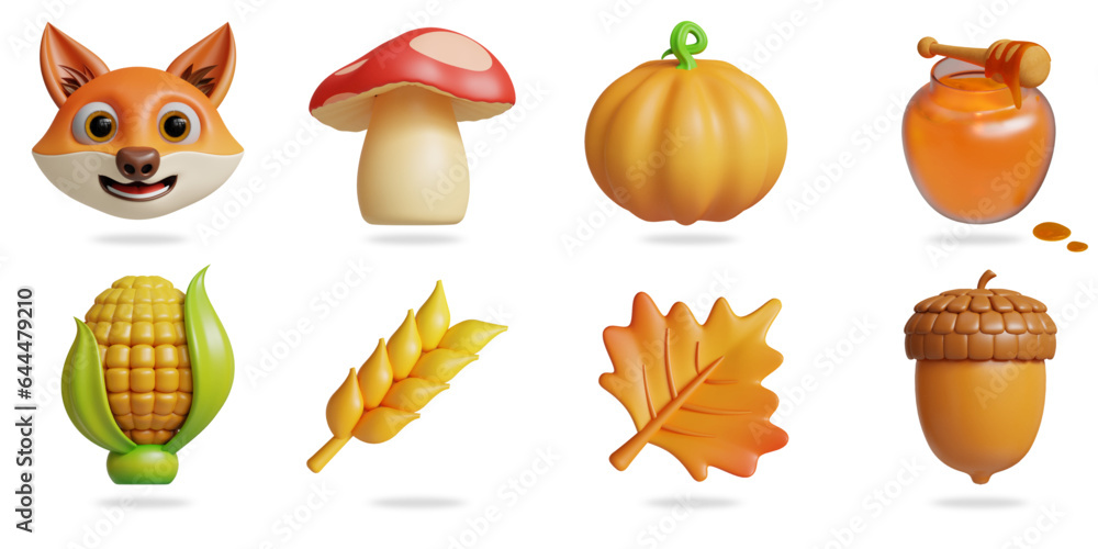 autumn 3D vector icon set. fox head,mushroom,pumpkin,honey,corn,ear of ...