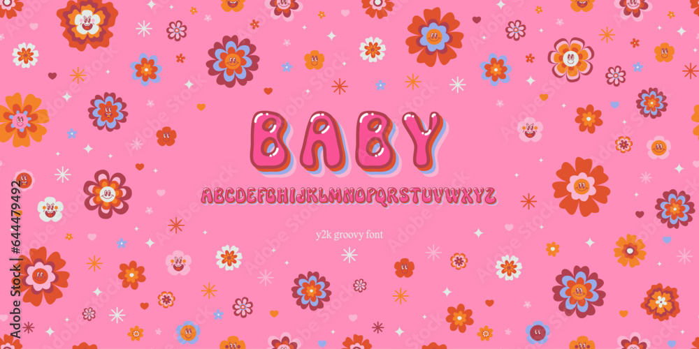 Vector cute psychedelic font. Hippie smiling daisy flowers pink baby ...