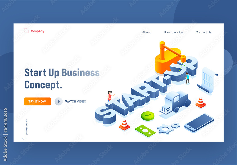 Startup Business Concept Based Landing Page with 3D Text, Tower Crane ...