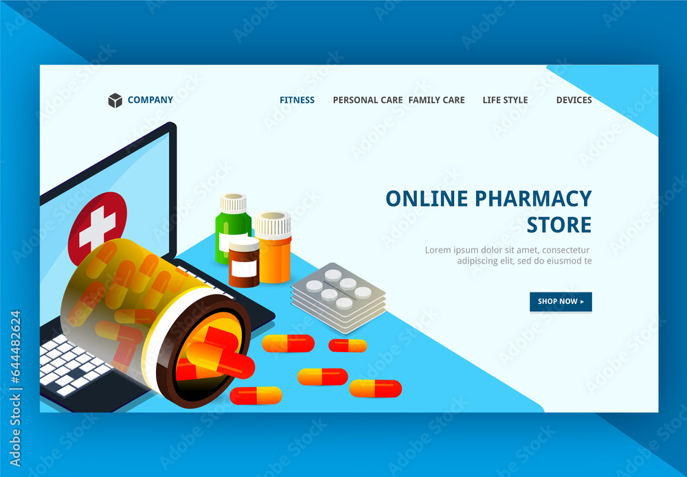 Responsive Landing Page Design with Online Pharmacy Store App in Laptop and Medicines. Stock ...