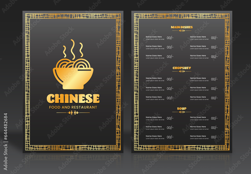 Chinese Food And Restaurant Menu Card Layout In Black And Golden Color ...