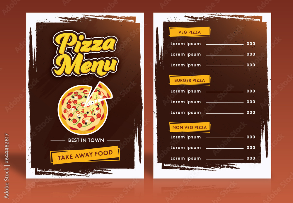 Pizza Menu Card Template Layout With Brown Brush Stroke Effect. Stock ...