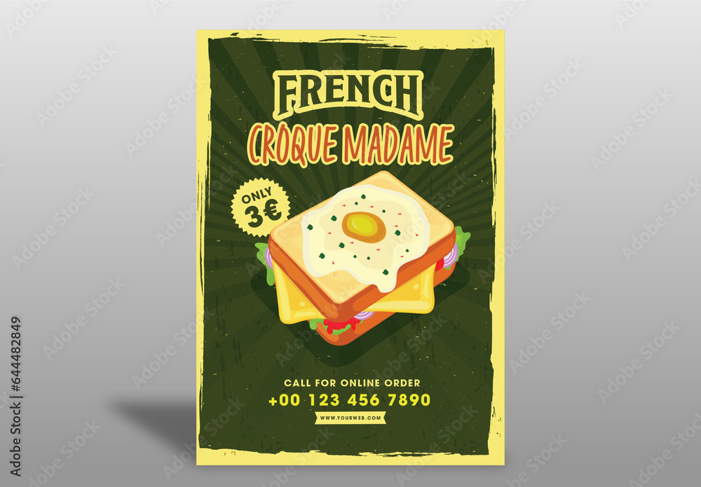 Vintage Style French Croque Madame Brochure, Menu Template in Green ...