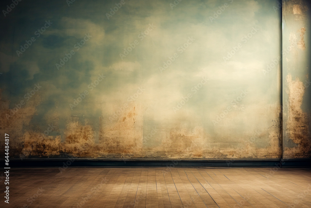 Empty shabby vintage room, grungy worn out wall and wooden floor. Front ...