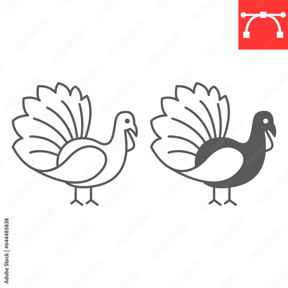Turkey bird line and glyph icon, thanksgiving and farming, gobbler ...