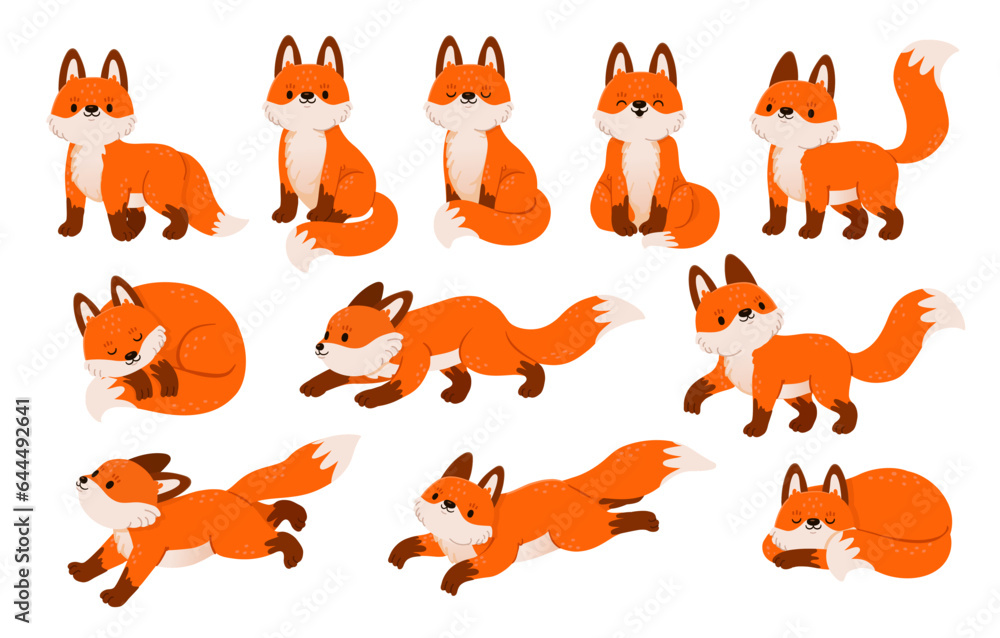 Red fox characters. Cartoon cute foxes in different poses, standing ...