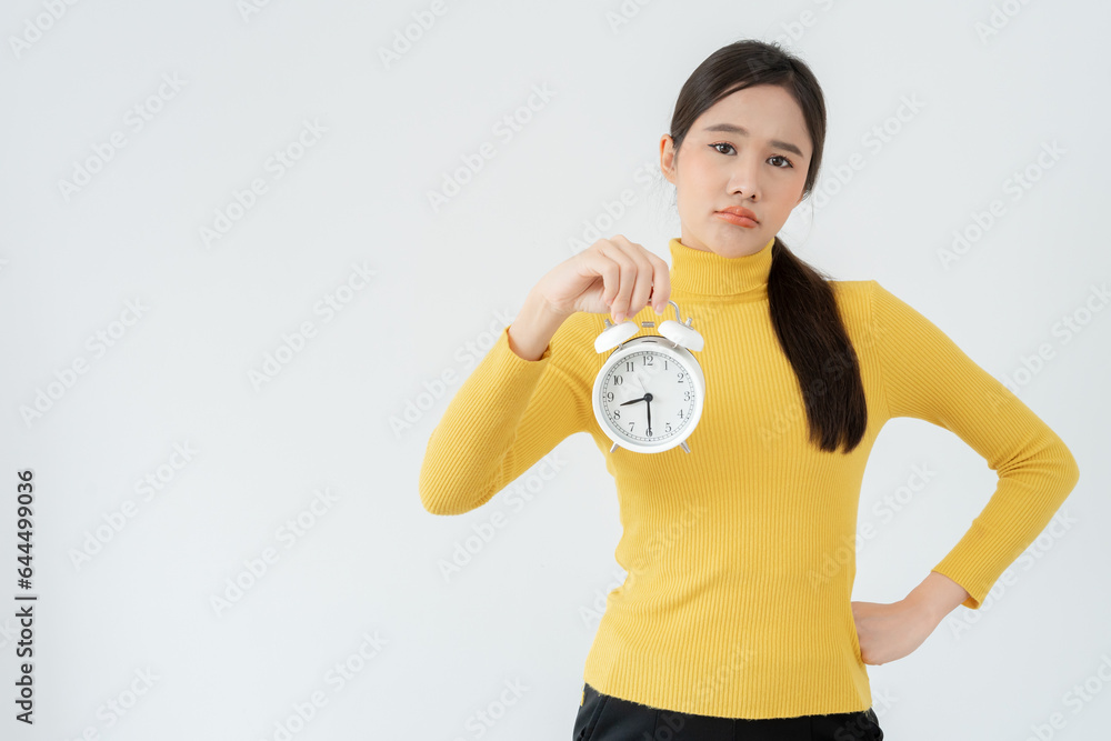 Stress Asia young woman show clock alarm, lady is late appointment or ...