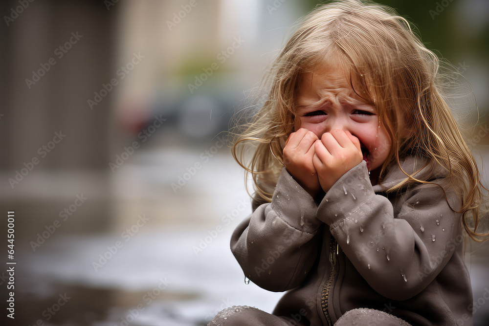 Foto de Little kid girl crying outside the house, very sad. Family ...