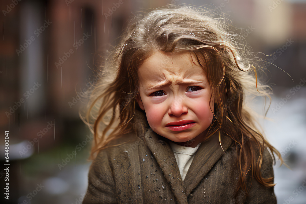 Little kid girl crying outside the house, very sad. Family problems ...
