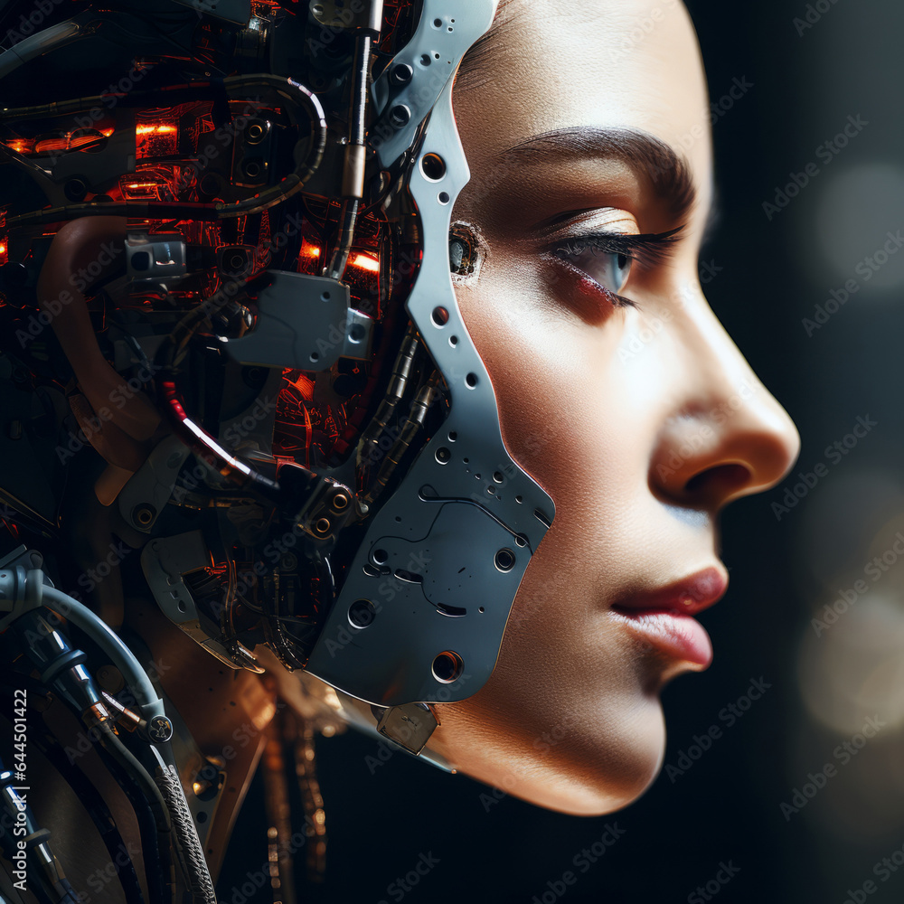 Artificial intelligence futuristic humanoid cyber girl with a neural ...