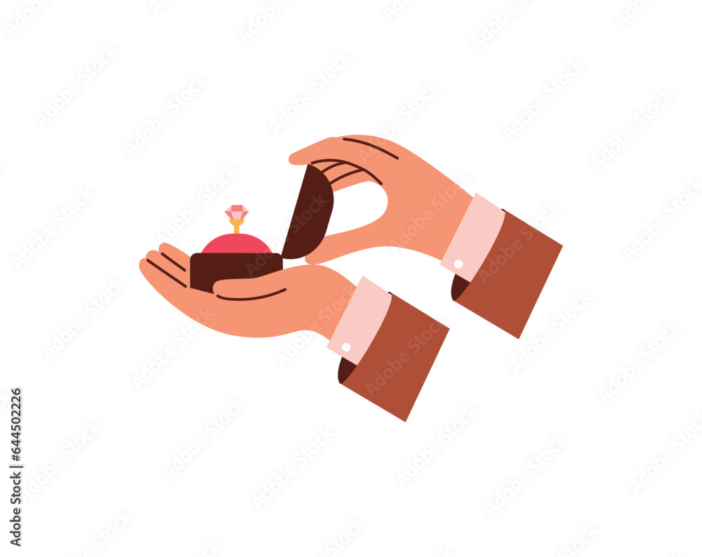 Hand holds engagement ring with pink stone or diamond, flat vector ...