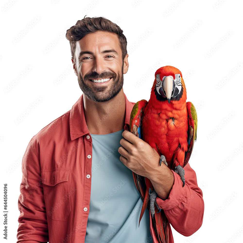 happy macaw owner smiling holding his macaw in arm copy ilustración de ...