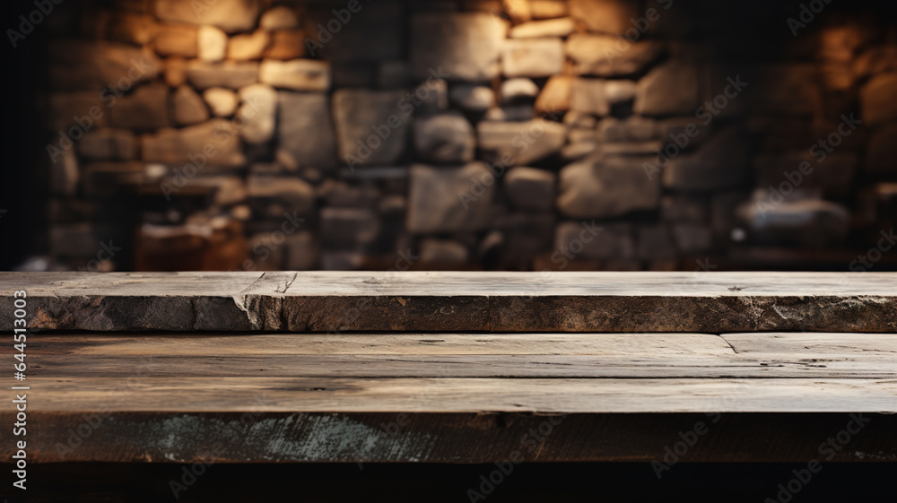 A front view of a dark gray, empty stone table with a blurry dark rock ...