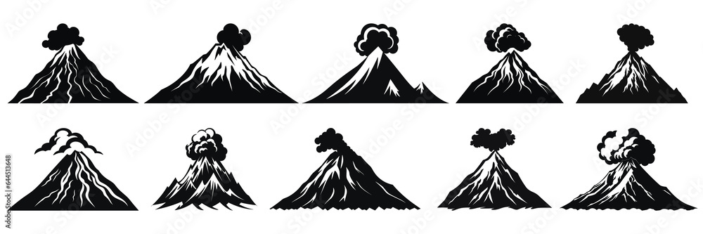 Volcano silhouettes set, large pack of vector silhouette design ...