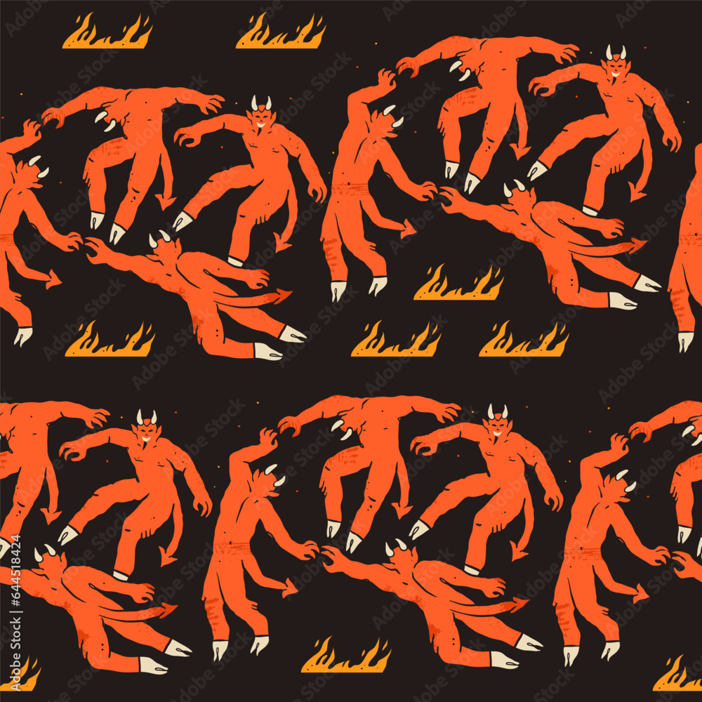 Dancing red devils walking around. Demon, devil or satan with horns and hoofs. Fire, hell. Hand ...