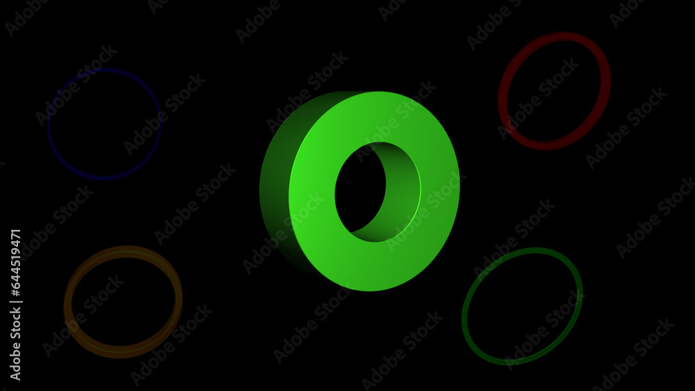 3D geometric shapes of a bright green circle on a black background ...
