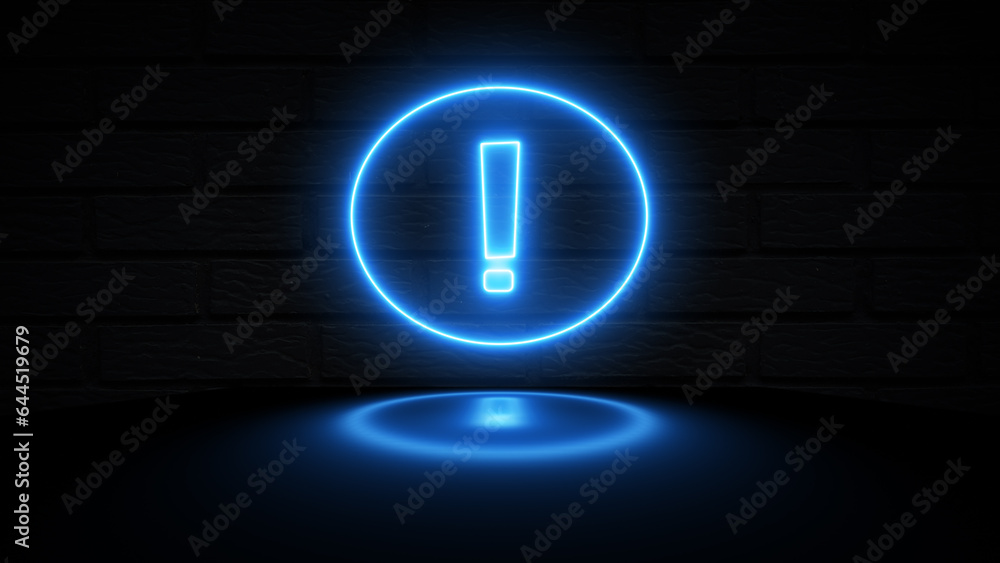 Blue neon exclamation mark. Illustration: a neon-glowing warning sign ...