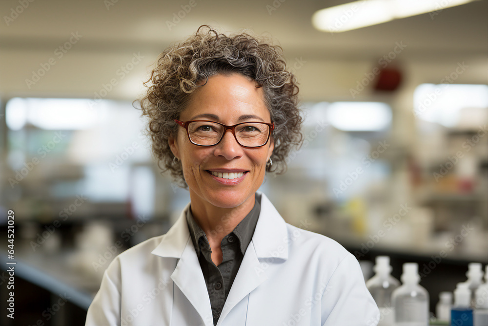 Photography of happy beautiful professional biology teacher in lab coat ...