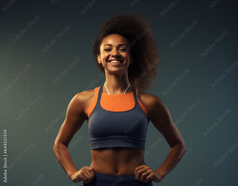 An athletic, diverse, mixed woman wearing sports clothing stands ...