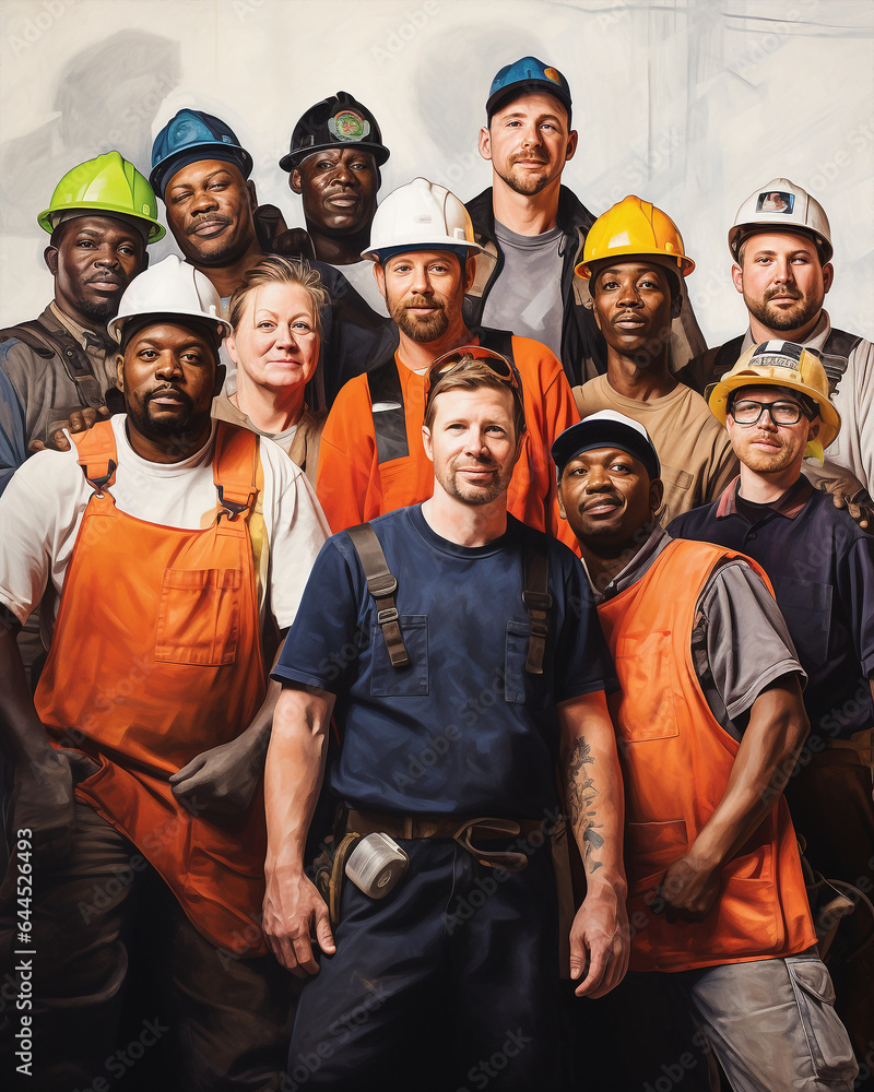Generative ai male and female multiethnic blue collar workers posing ...