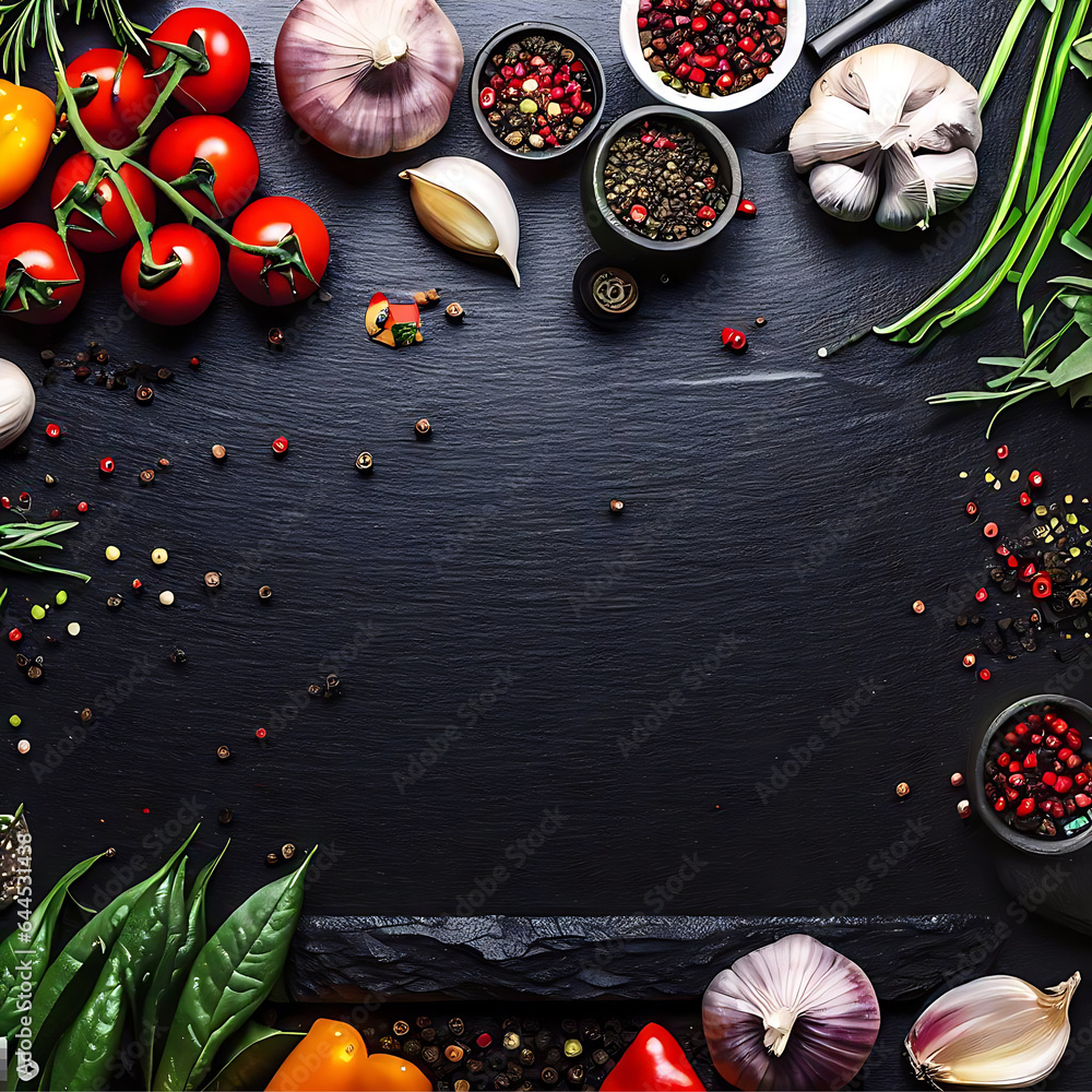 Black stone cooking background top view spices and vegetables. Stock ...