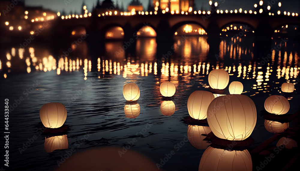 Floating lanterns in Yee Peng Festival, night street in the city ...