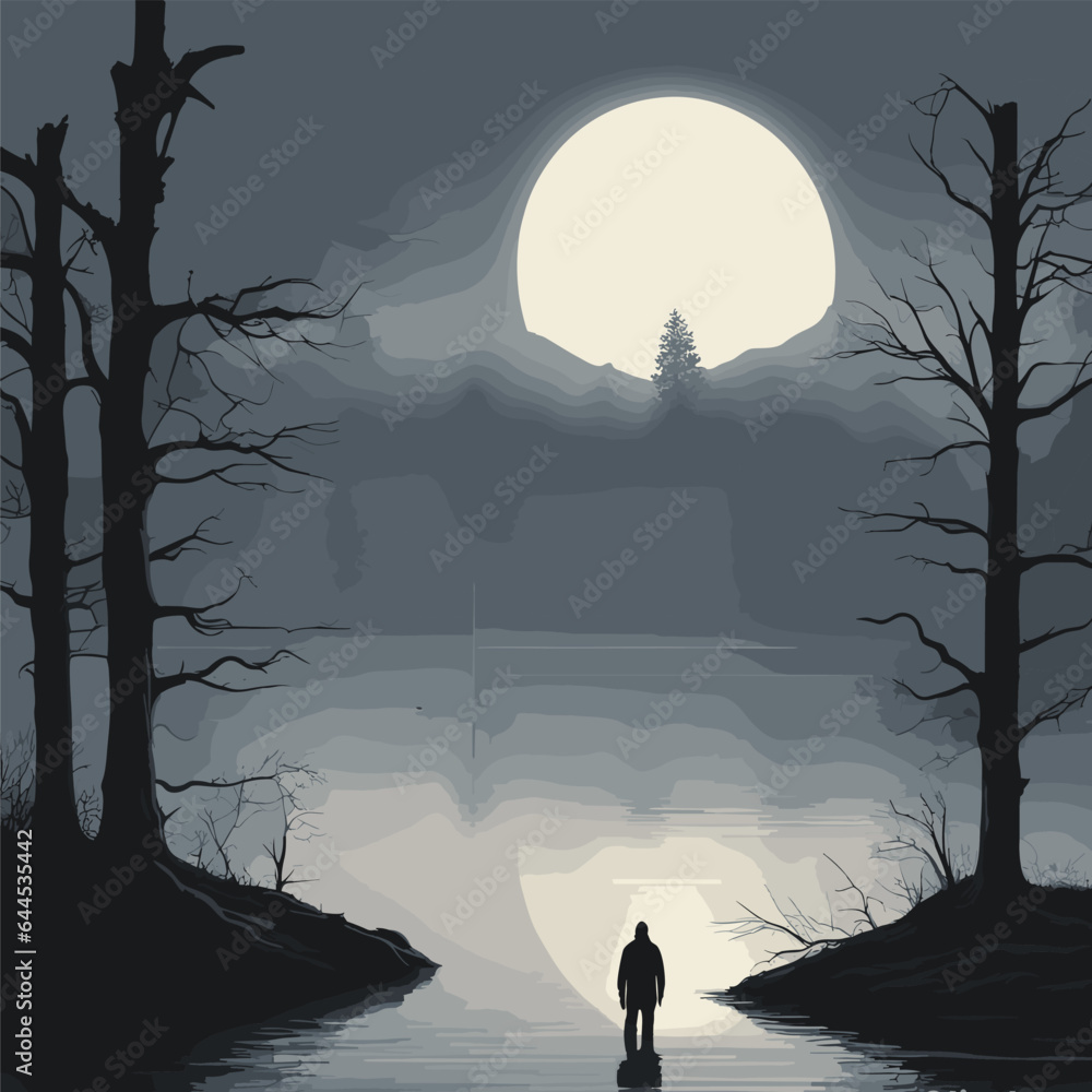 spooky, moonlit lake surrounded by dense, tangled forests. A ghostly ...