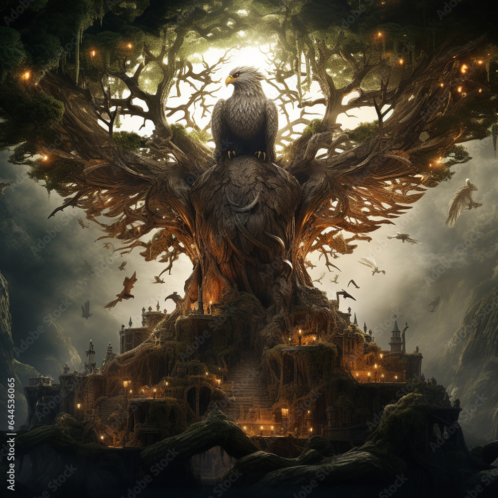 Mythical Yggdrasil Tree with Noble Eagle - Extreme Long Shot Stock ...