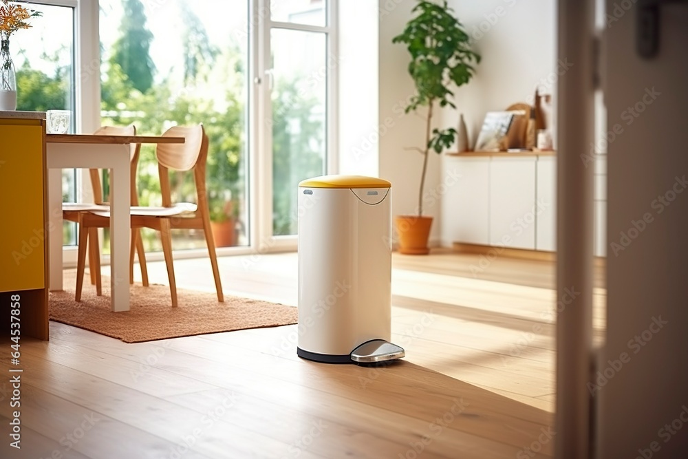 Modern garbage bin in the kitchen of a house, smart bin with network ...