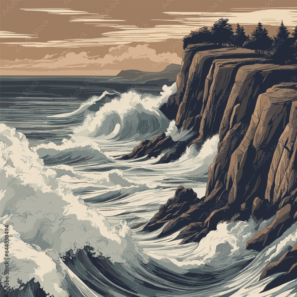 Design a detailed vector depiction of a stormy coastal cliff scene ...