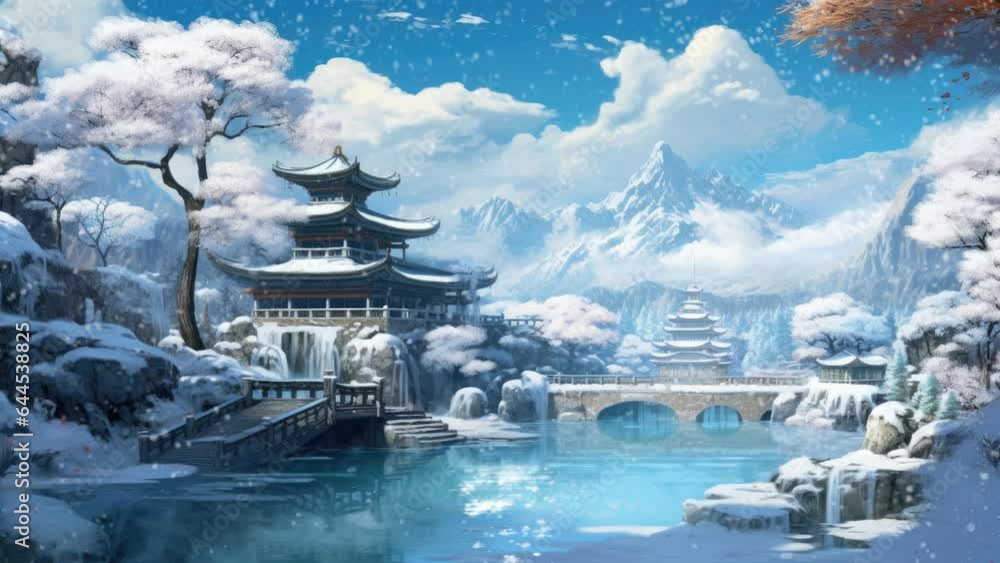 japanese temple in the morning with snow. animated background in ...