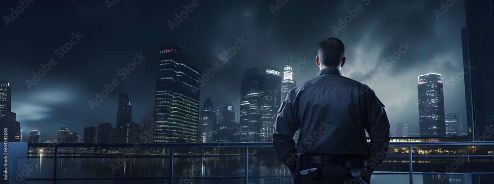 A security guard looking towards a modern city, urban seucurity ...