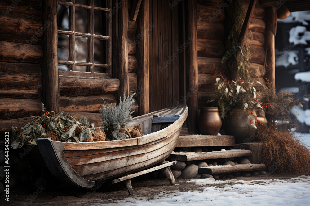 The texture of a worn wooden sled is showcased as it rests against a ...