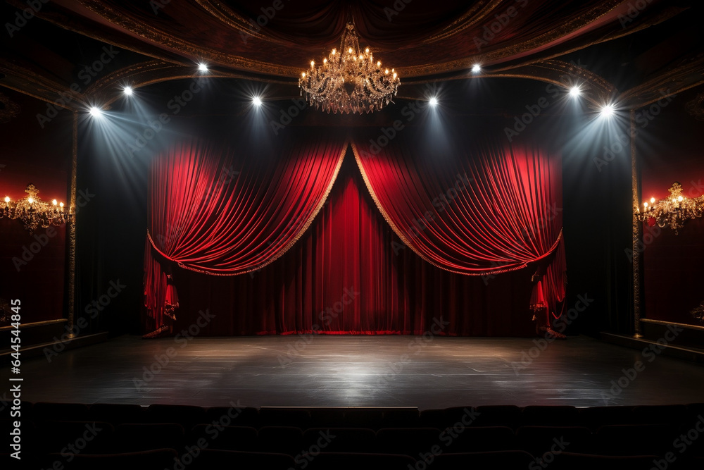 Spotlight on the Opening Act: Dramatic Theater Stage with Red Curtains ...