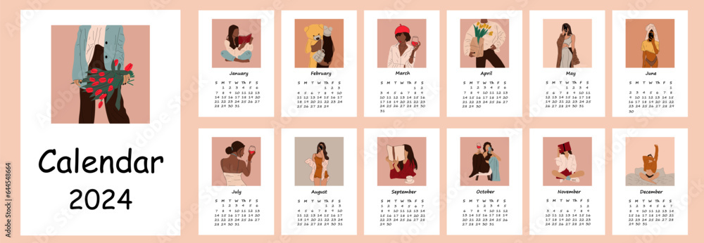 2024 calendar with abstract illustrations women . Calendar planner ...