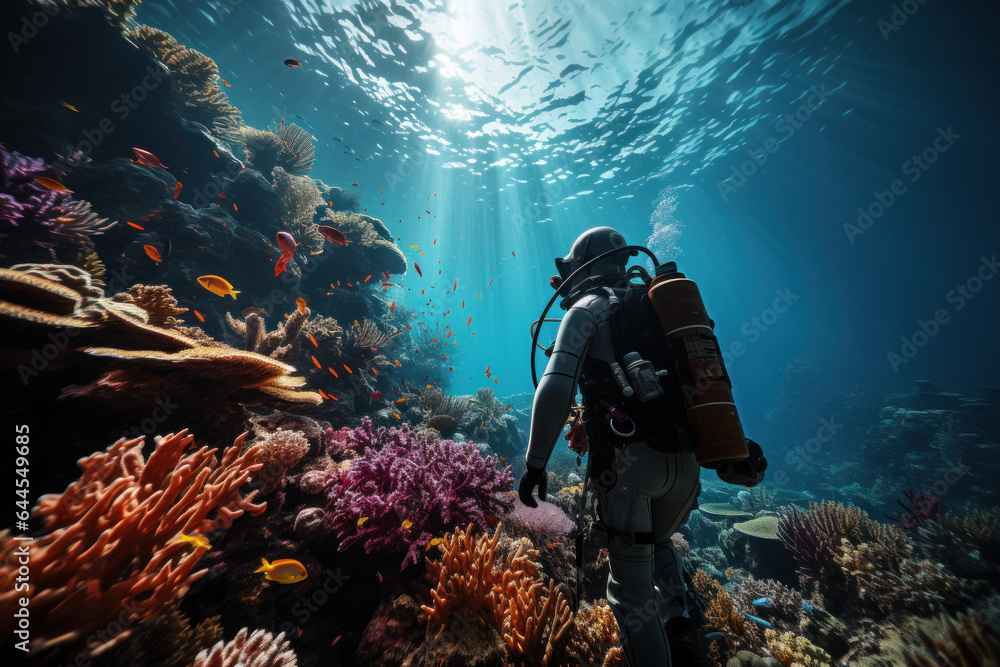 A marine biologist conducts a coral reef survey, contributing to ...