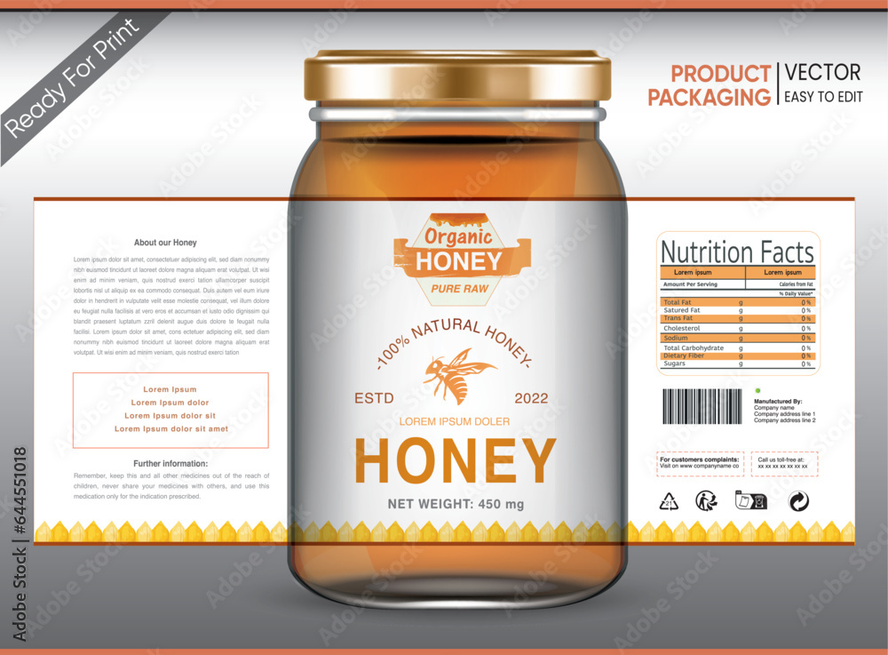 Honey Label, Honey Packaging, Bee honey, Honey Vector packaging, Label ...