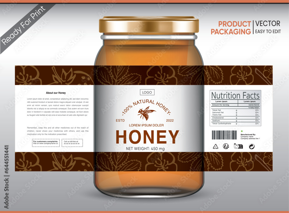 Honey Label, Honey Packaging, Bee honey, Honey Vector packaging, Label ...
