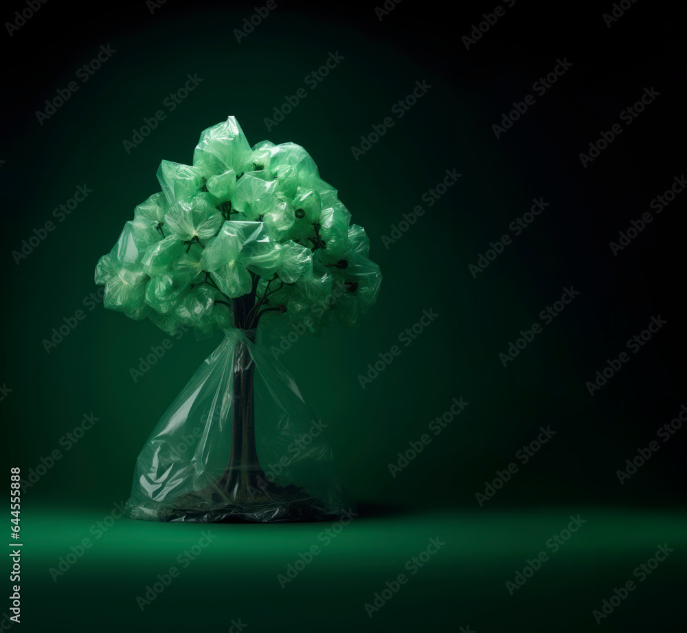 Plastic bags in a form of a tree leaves on branches. Ecological ...