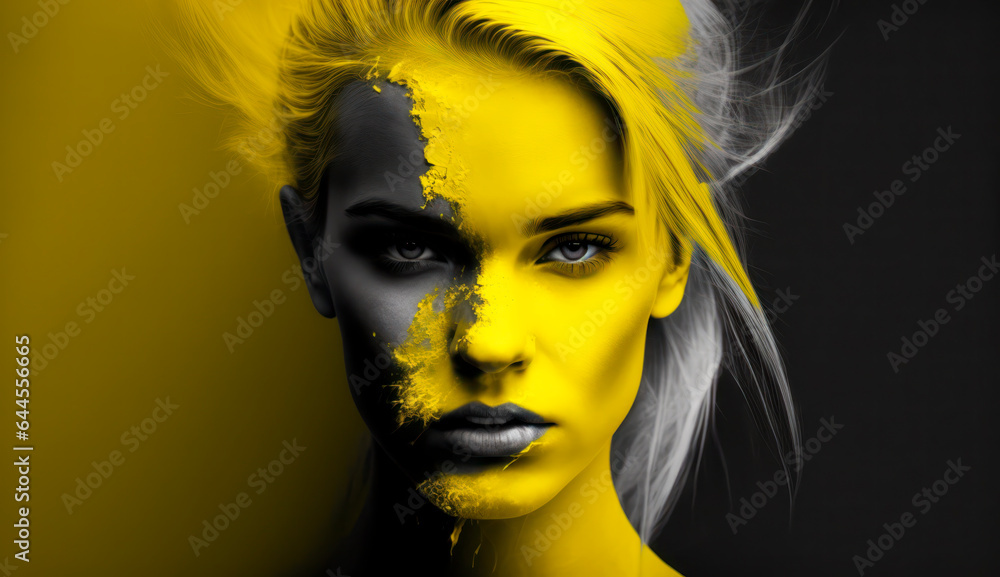 AI Generated illustration from woman face with pealing yellow paint ...