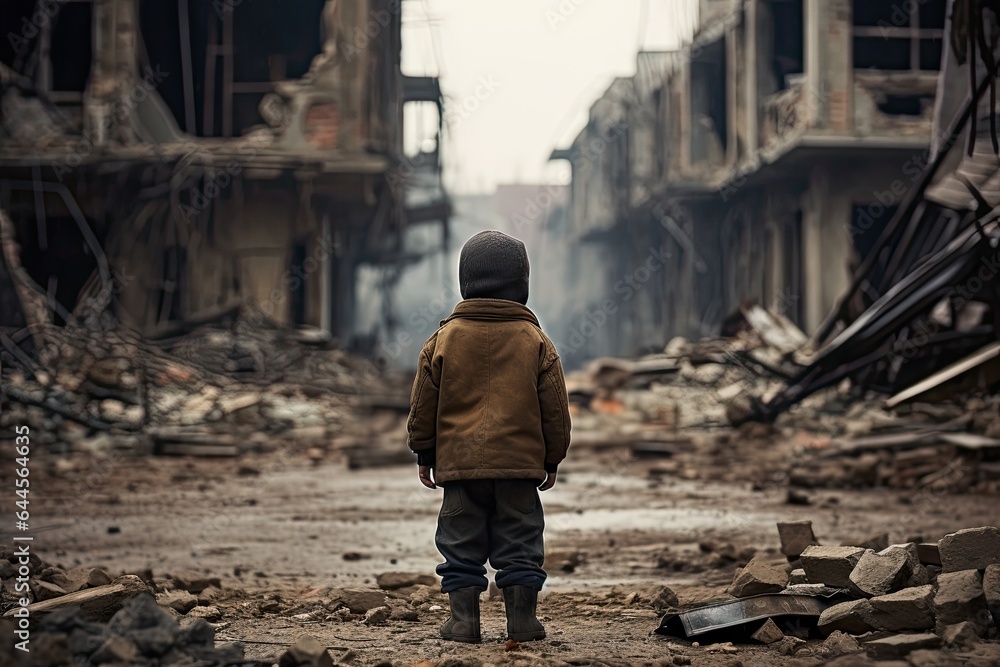 Stop the war. Back view of a little boy in dirty clothes stands in the ...