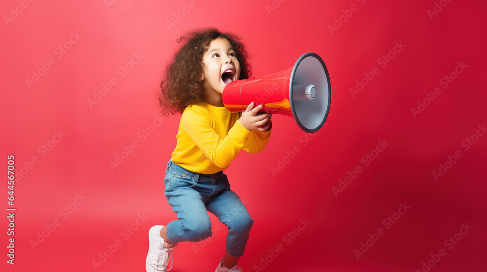 Foto de Cute little girl jumping up with joy while shouting into ...
