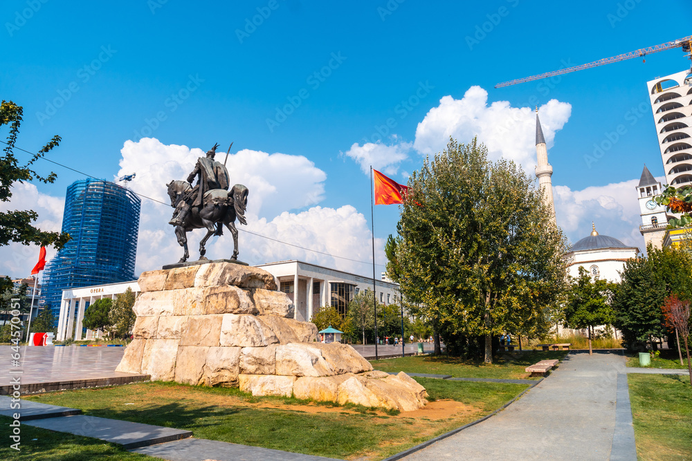 Skanderbeg horse monument at Skanderbeg Square in Tirana and the red ...