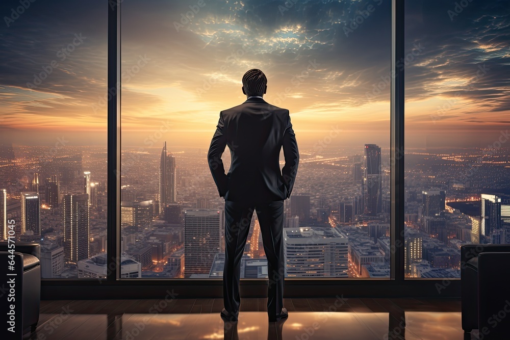 Back view of a businessman in a formal suit in front of a window of his ...