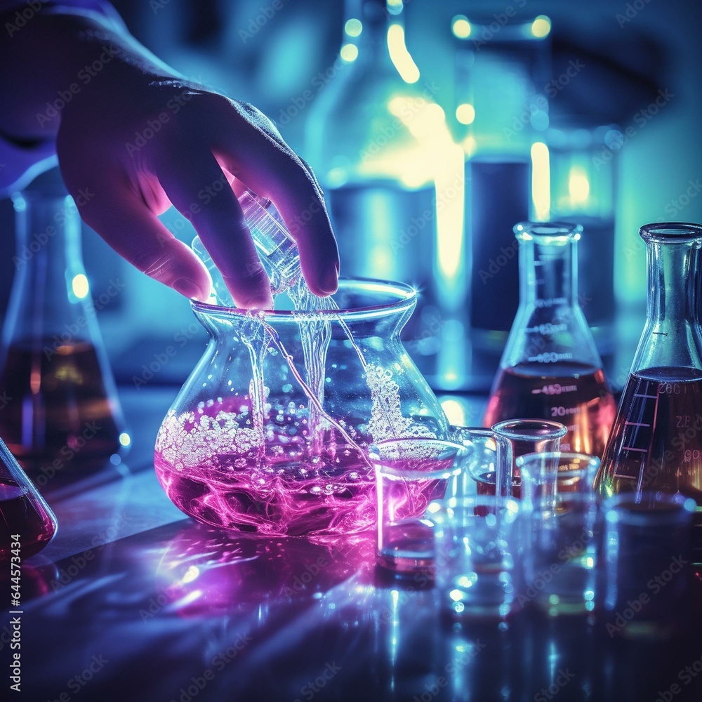 scientist hand in a laboratory, examining a substance within a beaker ...