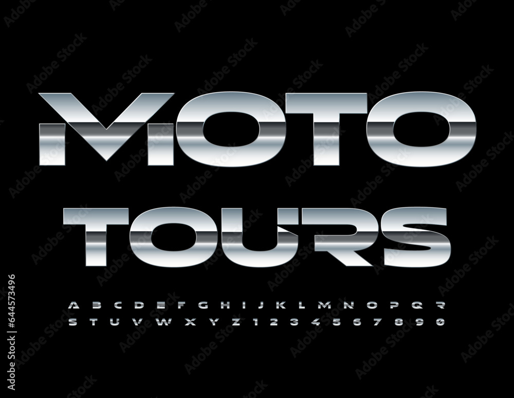Vector advertising Emblem Moto Tours. Modern Metallic Font. Chrome ...