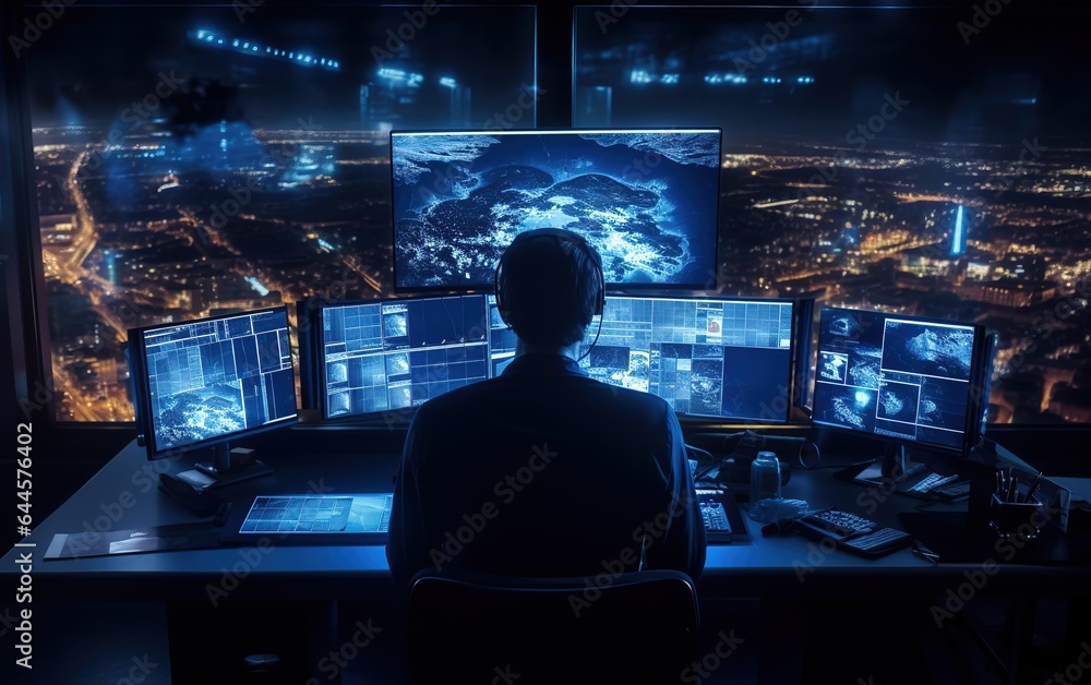 Air traffic controller in airport tower office room with full desktop ...