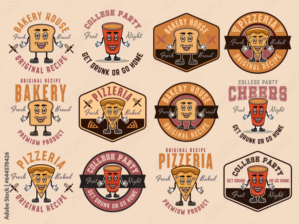 Food and drinks cartoon characters set of vector emblems, badges ...